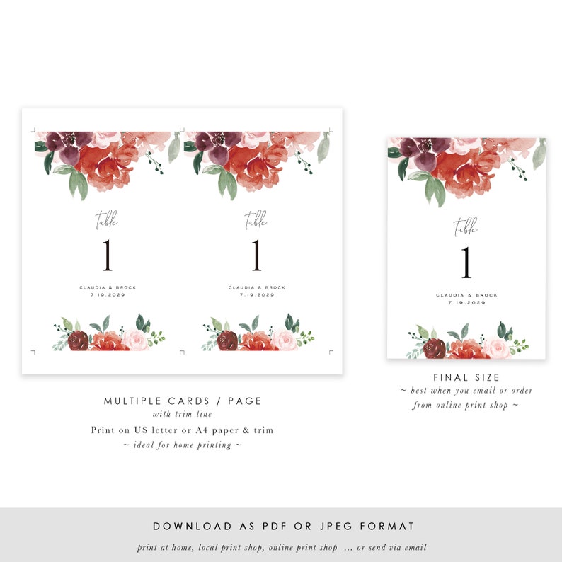 Red Botanical Table Numbers Template Wedding Table Number - Etsy