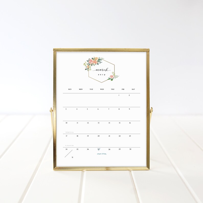 Floral Gold Frame Calender Printable Personalized Calender | Etsy