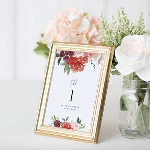 Red Botanical Table Numbers Template, Wedding Table Number Printable ...