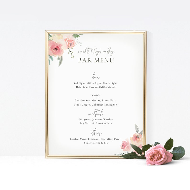 Floral Bar Menu Sign Template Bar Sign Printable Wedding Bar - Etsy