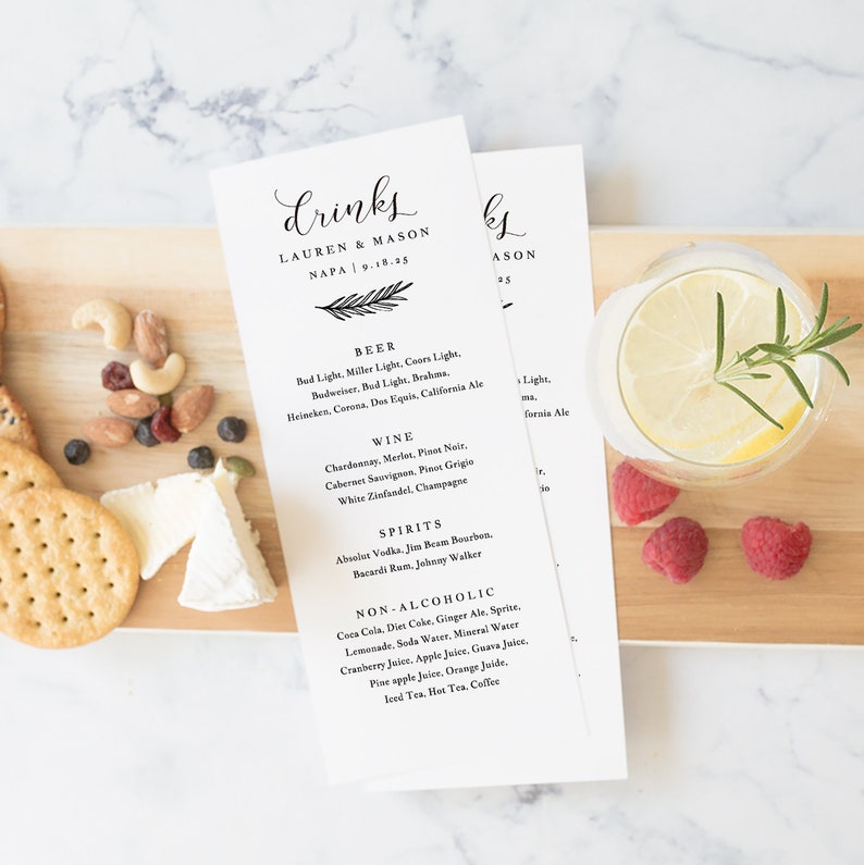 Drink Menu Template Printable Wedding Drink Menu Alcohol - Etsy Australia
