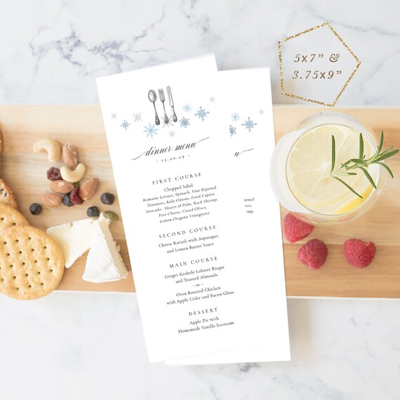Snowflake Dinner Menu Printable Wedding Menu Template Drink - Etsy