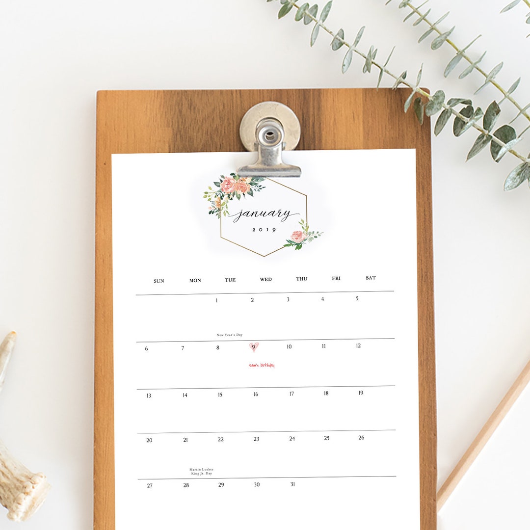 Floral Gold Frame Calender Printable Personalized Calender - Etsy