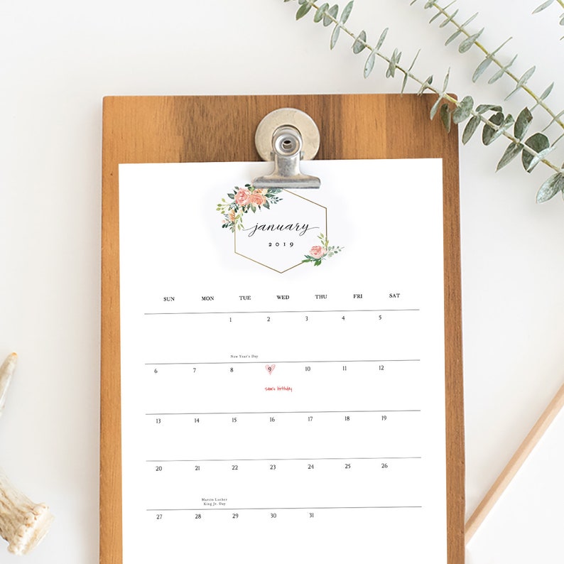 Floral Gold Frame Calender Printable Personalized Calender | Etsy
