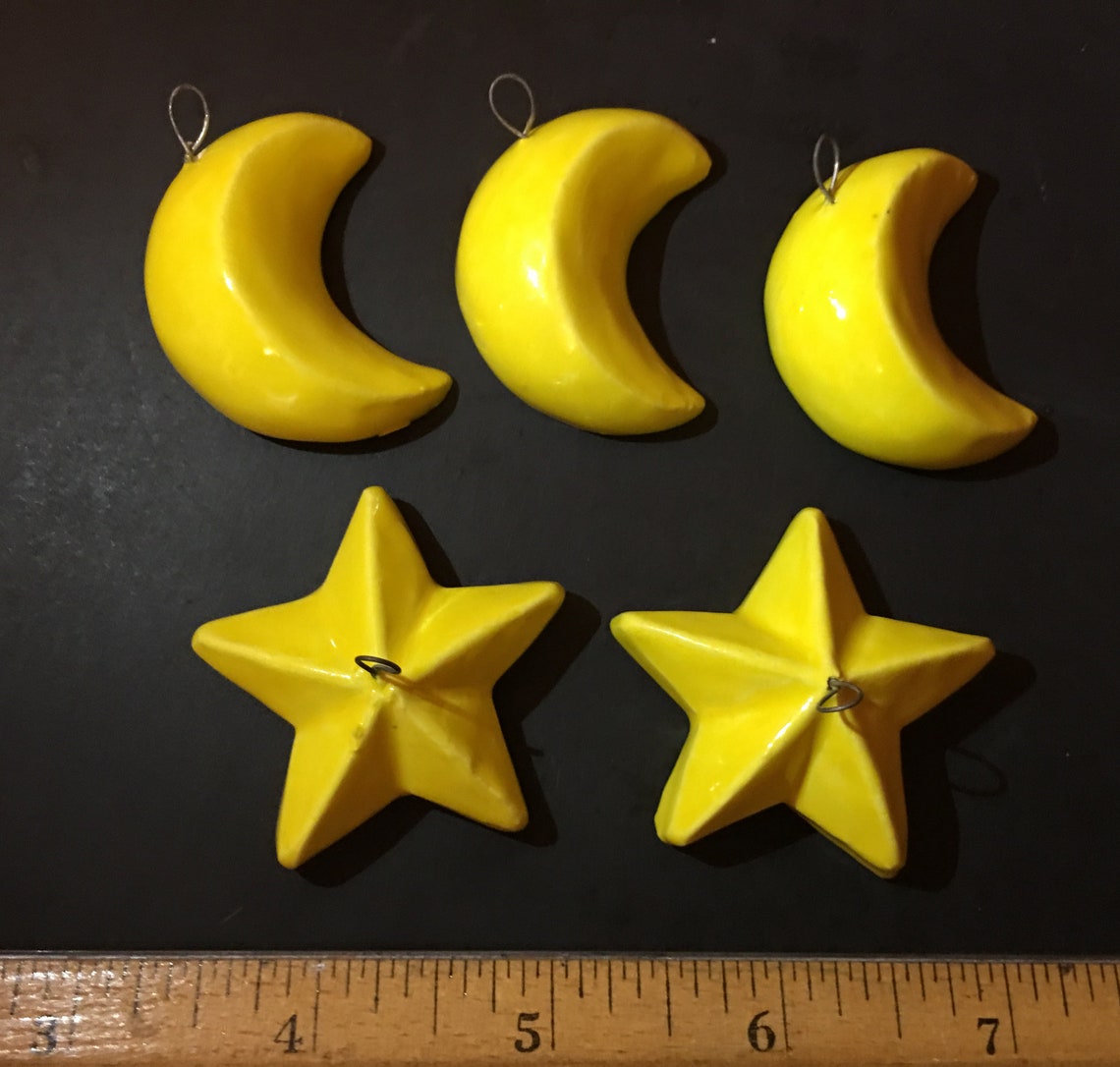 Lot of 5 star and moon hanging ornaments ceramic yellow Christmas ...