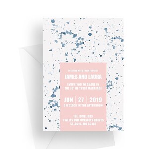 Printed Paint Splatter Wedding Invitation, Ink Splatter Wedding Invitations, Modern Blue and ...