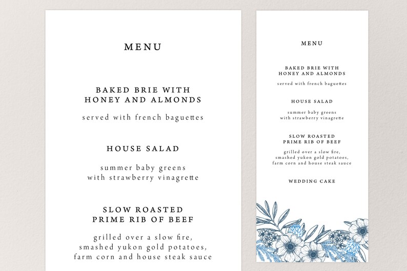 Printed Blue Modern Floral Wedding Menus, Blue Flower Wedding Menu ...