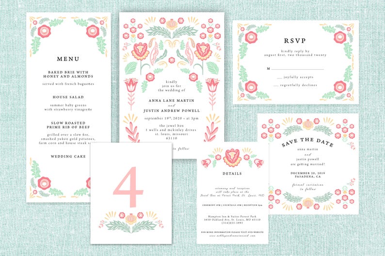Printable Folk Flower Wedding Invitations, Coral Mint Wedding ...