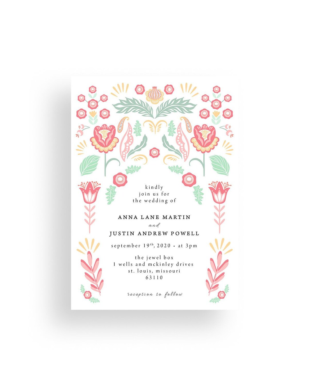Printable Coral and Green Folk Flower Wedding Invitation, Floral ...