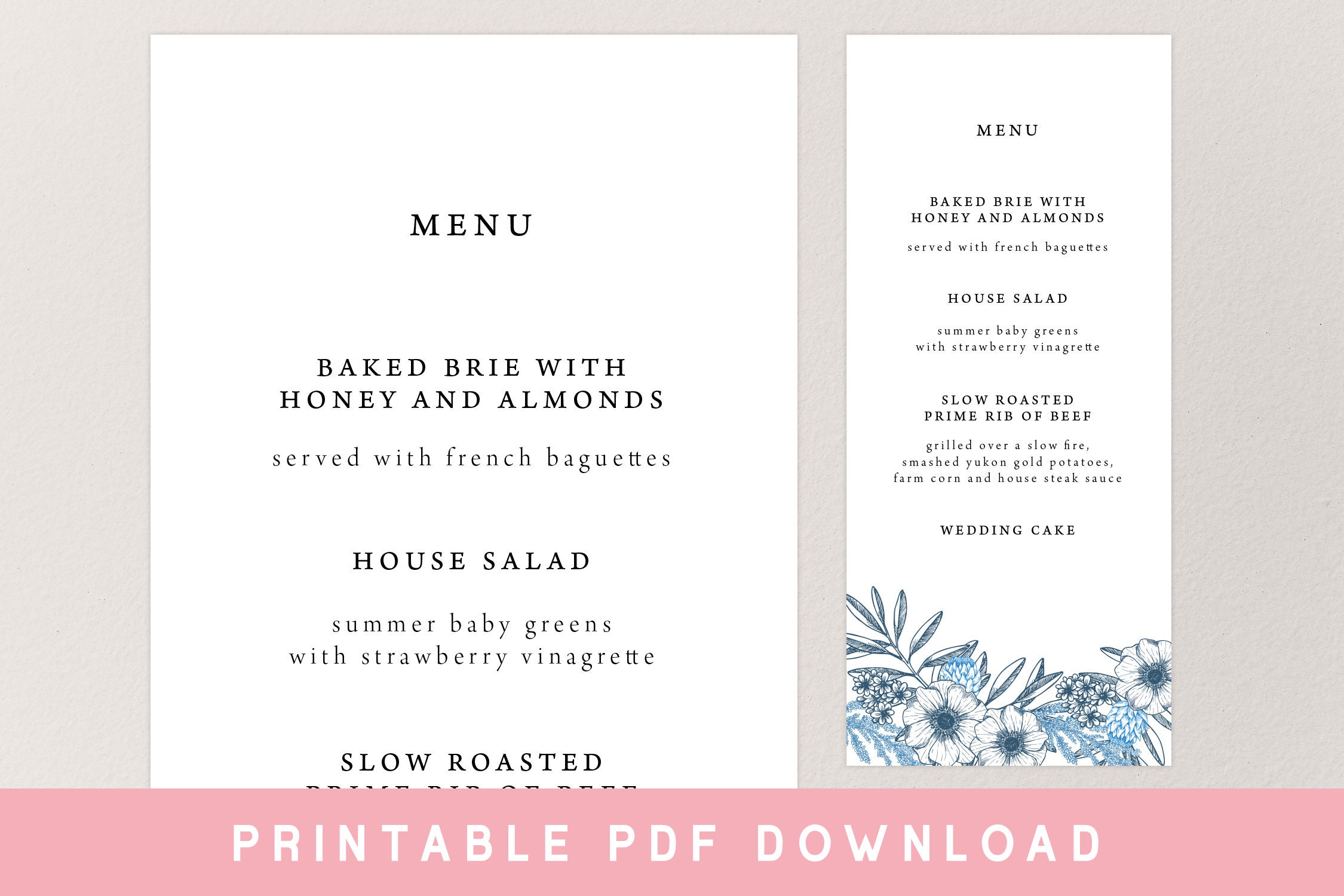 Printable Blue Modern Floral Wedding Menu, Blue Flower Wedding Menus ...