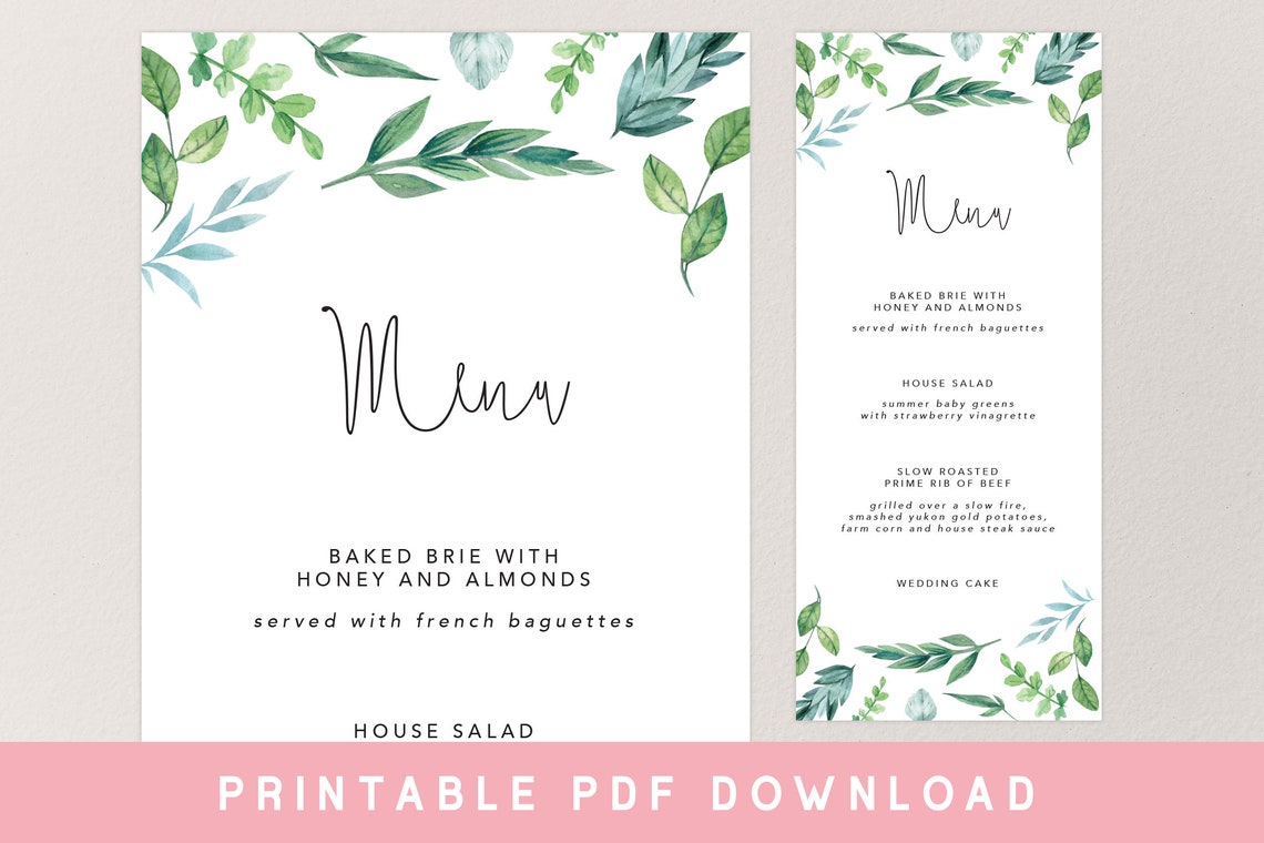 Printable Green Floral Wedding Menus, Greenery Wedding Menu, Wedding ...