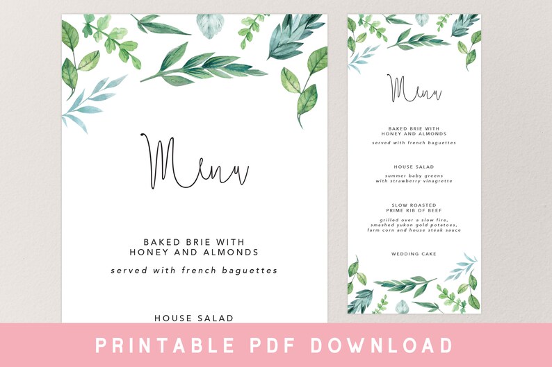 Printable Green Floral Wedding Menus, Greenery Wedding Menu, Wedding ...