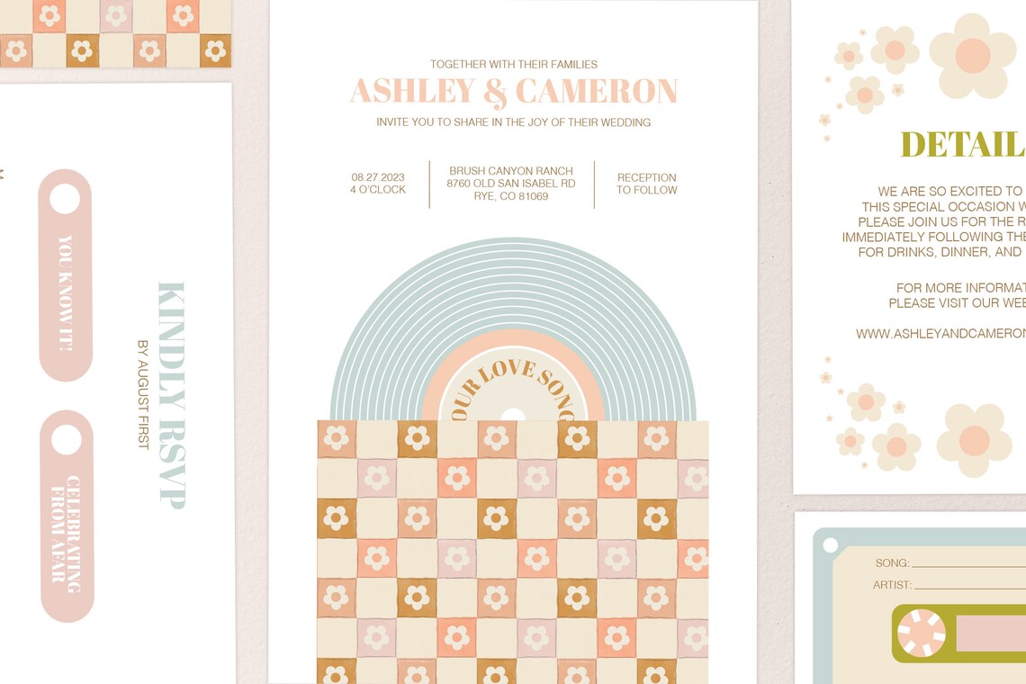 Printable Funky Floral Retro Record Player Wedding Invitation Suite ...