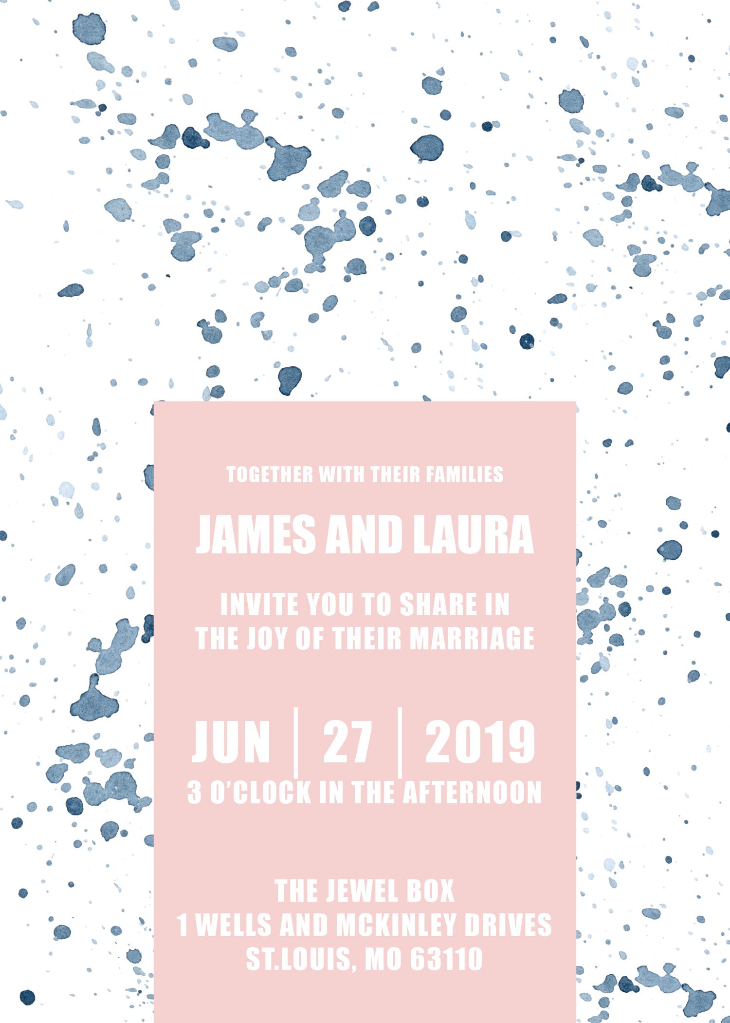 Printed Paint Splatter Wedding Invitation, Ink Splatter Wedding Invitations, Modern Blue and ...