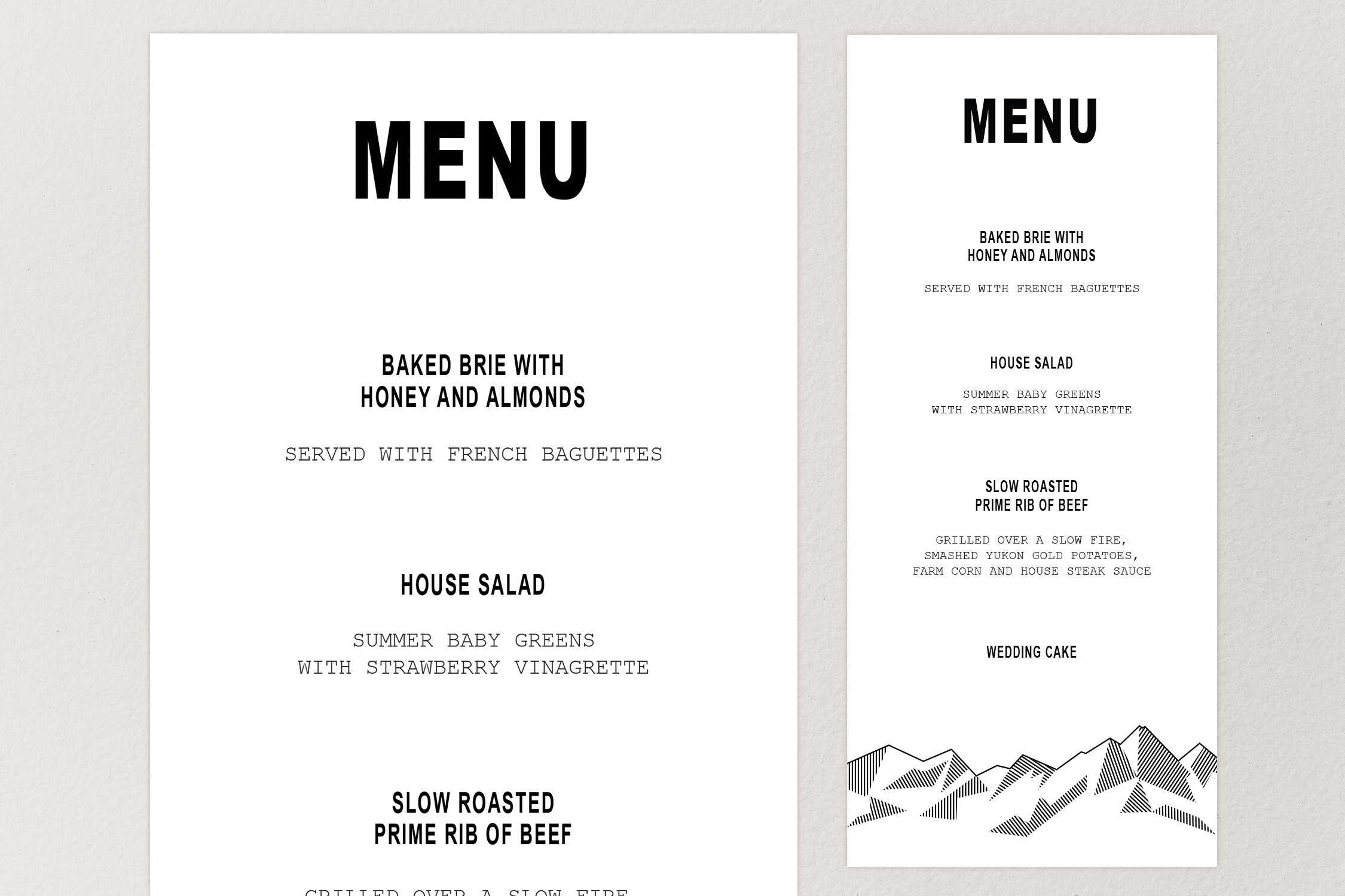 Printed Modern Mountain Wedding Menus, Rustic Wedding Menu, Wedding ...