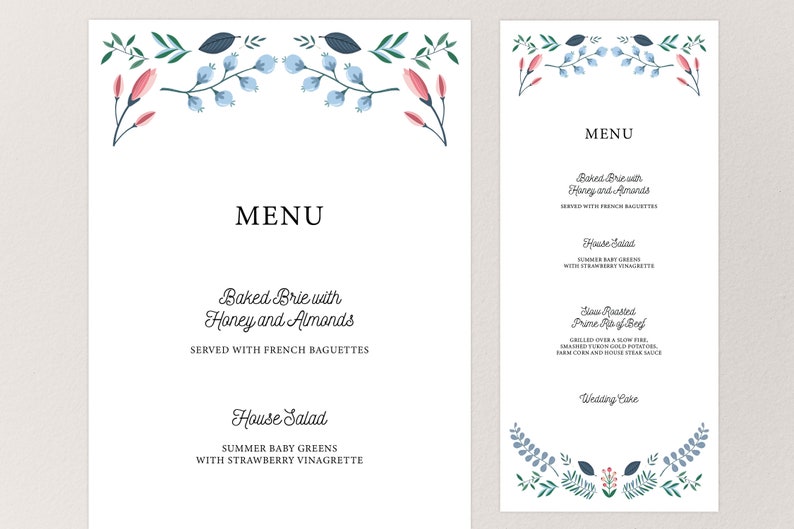 Printed Pink and Blue Modern Floral Wedding Menus, Flower Wedding Menu ...