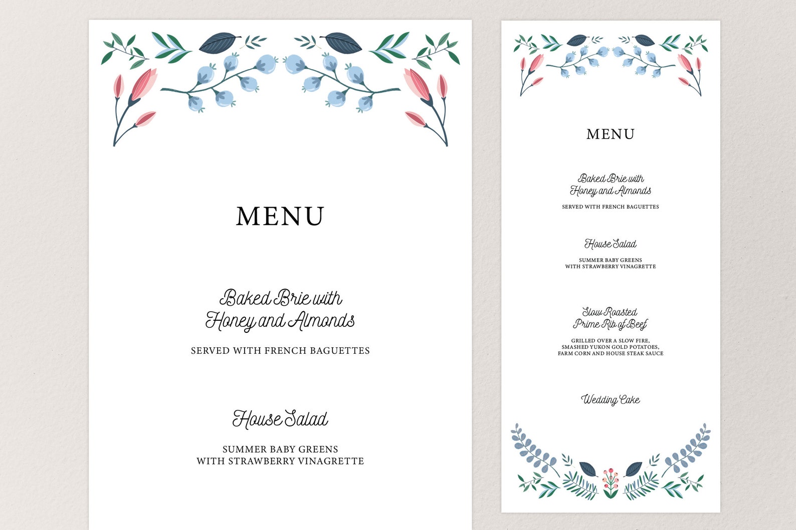 Printable Pink Blue Modern Floral Wedding Menus, Flower Wedding Menu ...