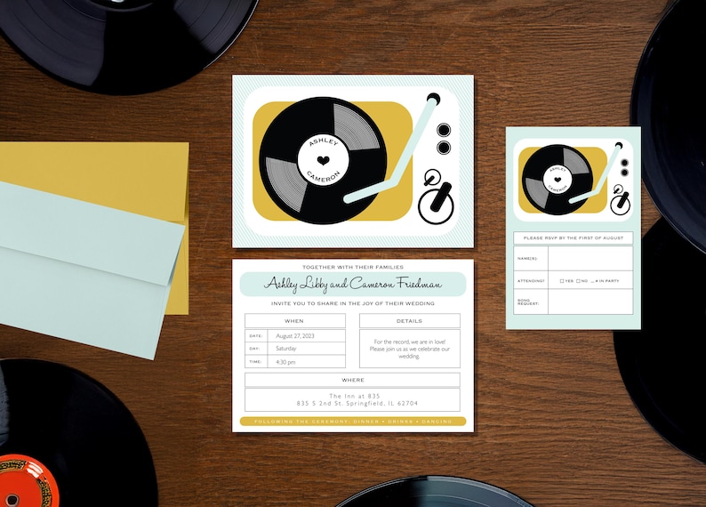 Printable Record Player Wedding Invitation, Retro Wedding Invitations ...