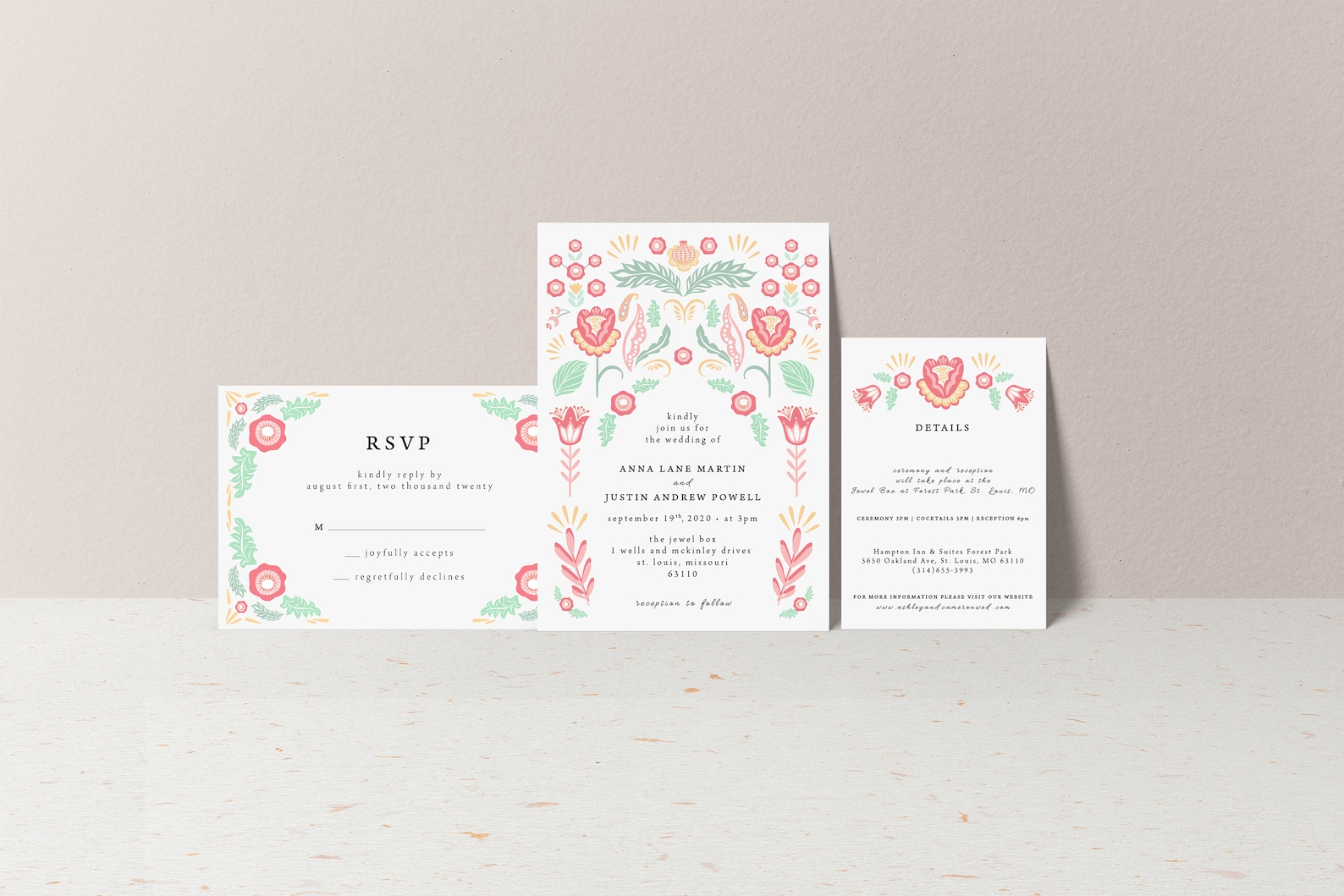 Printable Folk Flower Wedding Invitations, Coral Mint Wedding ...