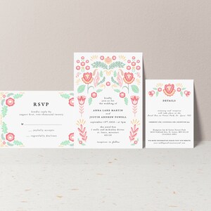 Printable Folk Flower Wedding Invitations, Coral Mint Wedding ...