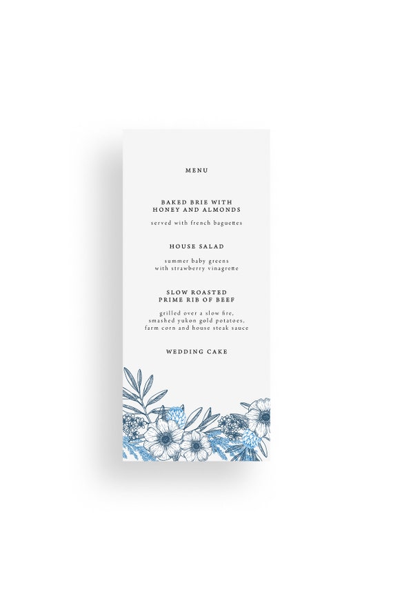 Printed Blue Modern Floral Wedding Menus Blue Flower Wedding | Etsy