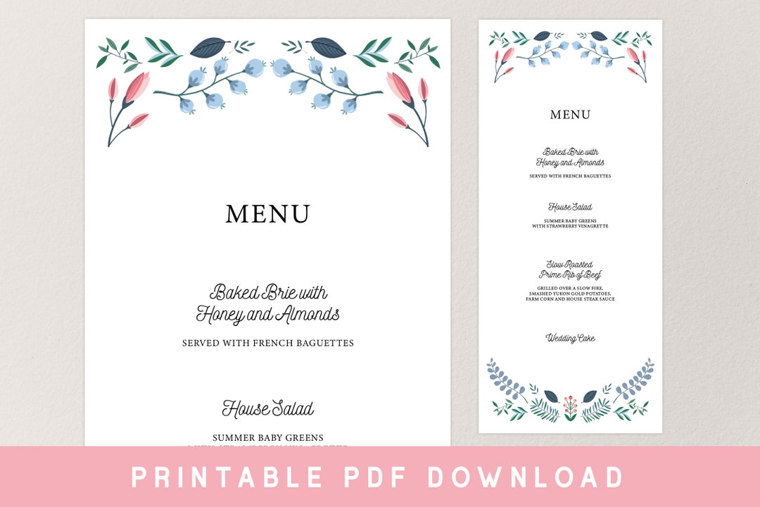 Printable Pink Blue Modern Floral Wedding Menus, Flower Wedding Menu ...