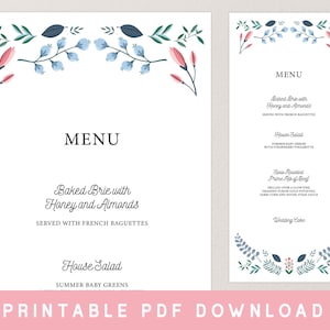 Printable Pink Blue Modern Floral Wedding Menus, Flower Wedding Menu ...