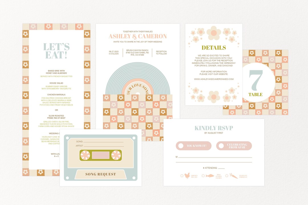 Printable Funky Floral Retro Record Player Wedding Invitation Suite ...
