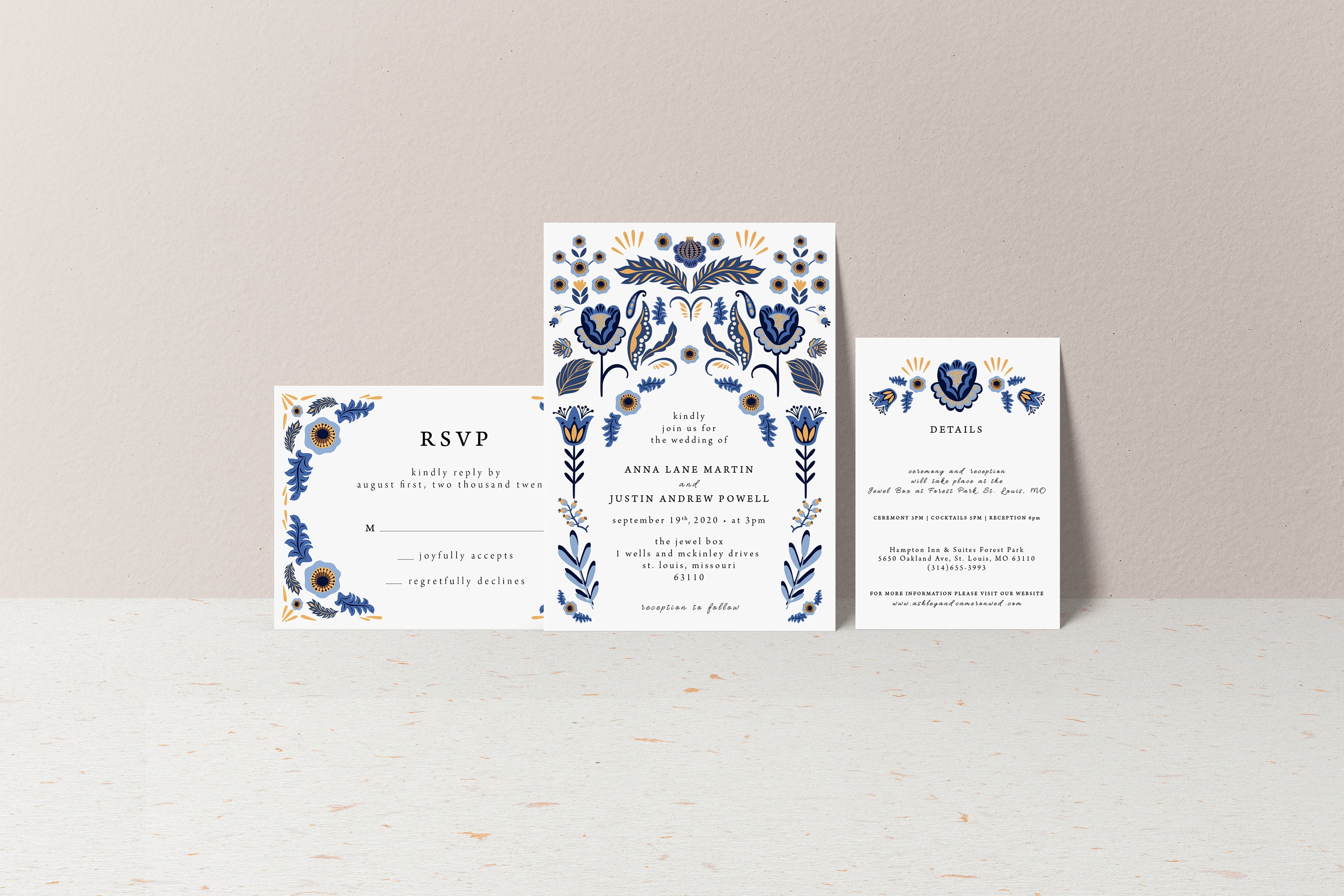 Printable Folk Flower Wedding Invitations, Blue Yellow Wedding ...