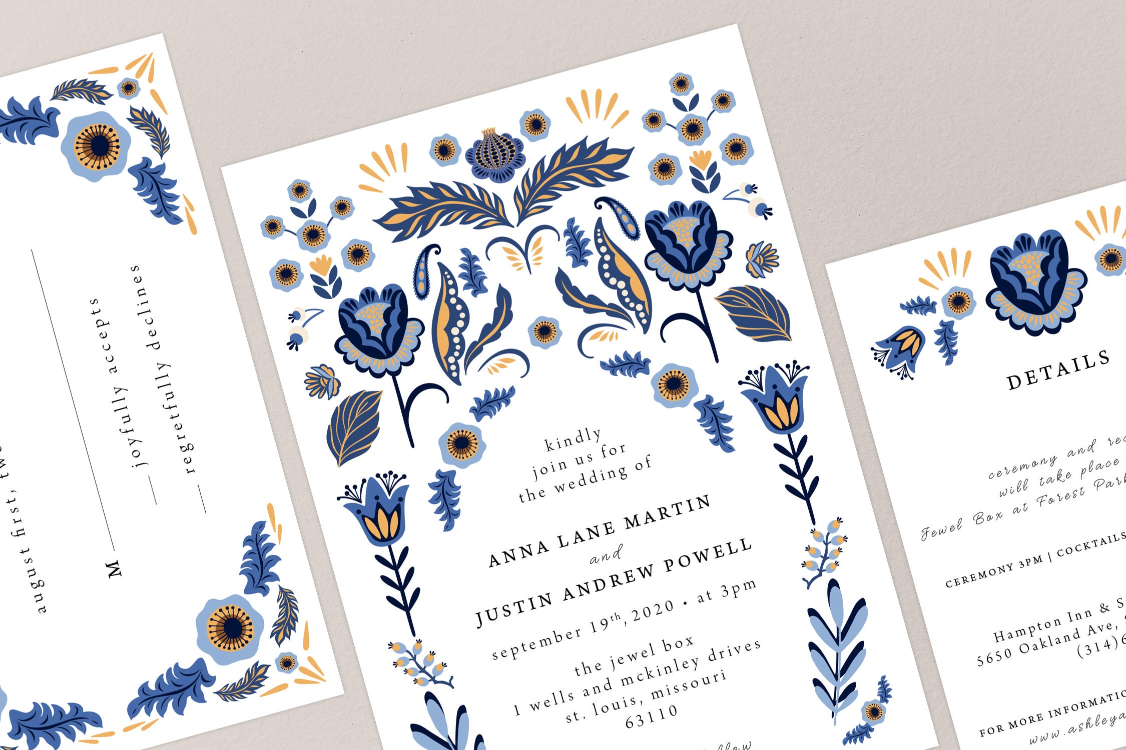 Printable Folk Flower Wedding Invitations, Blue Yellow Wedding ...