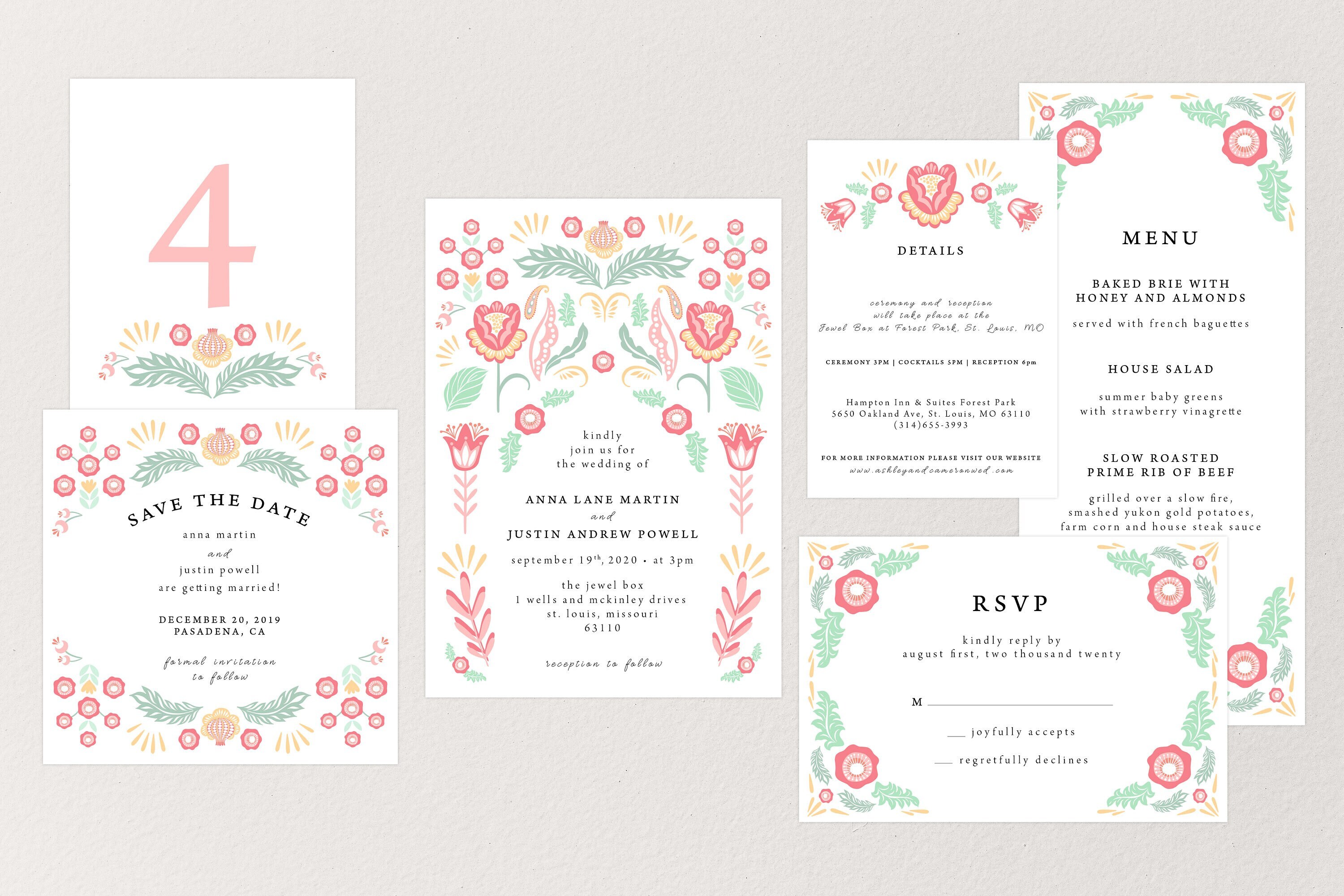 Printable Folk Flower Wedding Invitations, Coral Mint Wedding ...