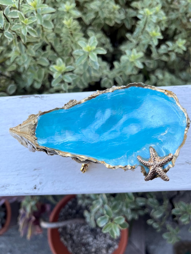 Light Blue Pearlescent Oyster Shell Trinket Dish With Starfish and ...