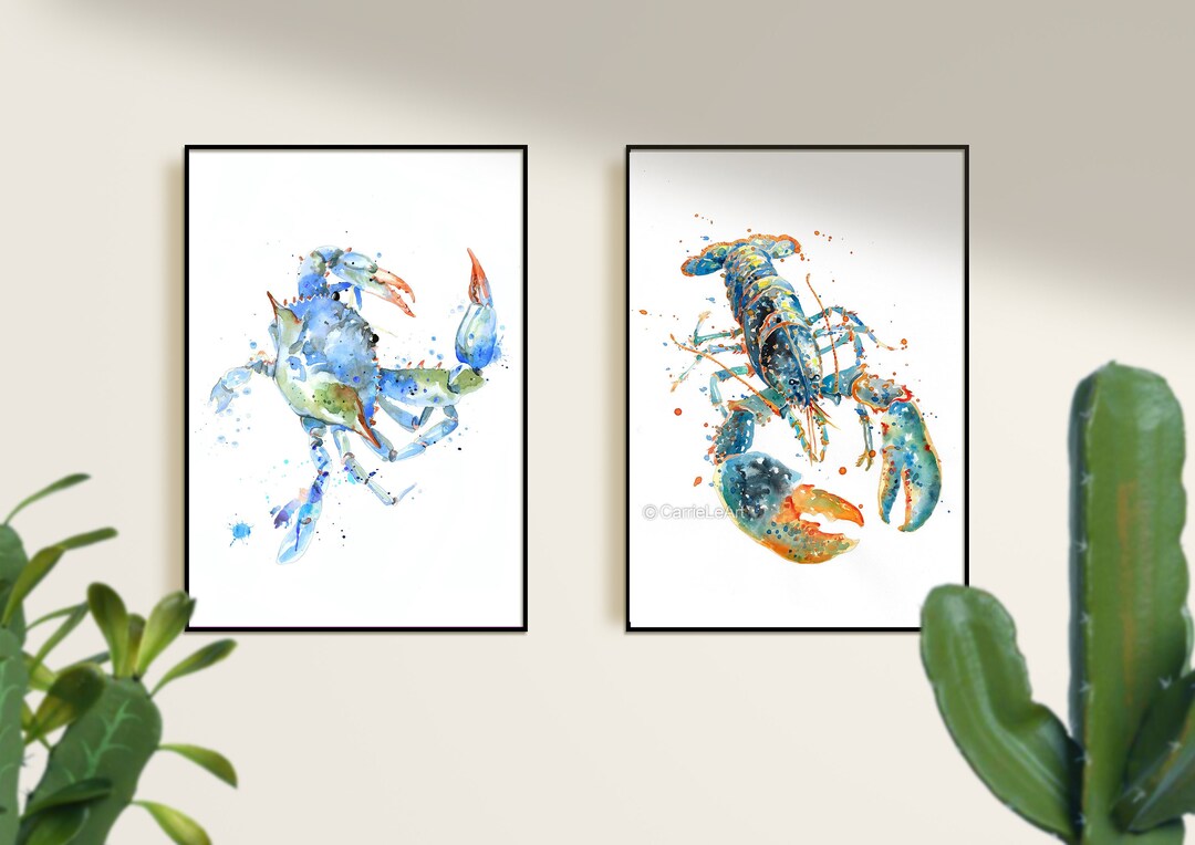 Crab and Lobster Print Set of 2, Coastal Bathroom Art Prints, Coastal ...