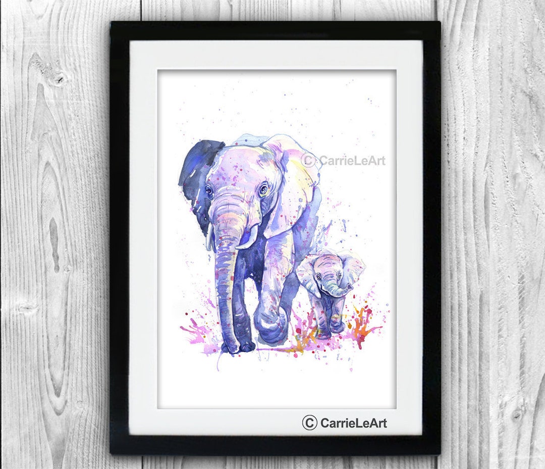 Watercolor Elephant Print, Mother and Baby, Elephant Painting, Elephant ...