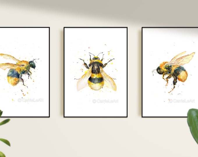 Bumble Bee Print Set of 3, Bee Prints, Insect Prints, Bee Watercolor ...