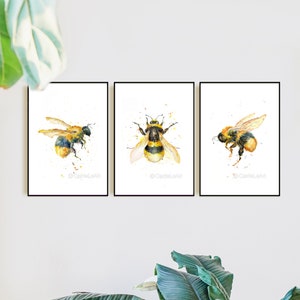 Bumble Bee Print Set of 3, Bee Prints, Insect Prints, Bee Watercolor ...
