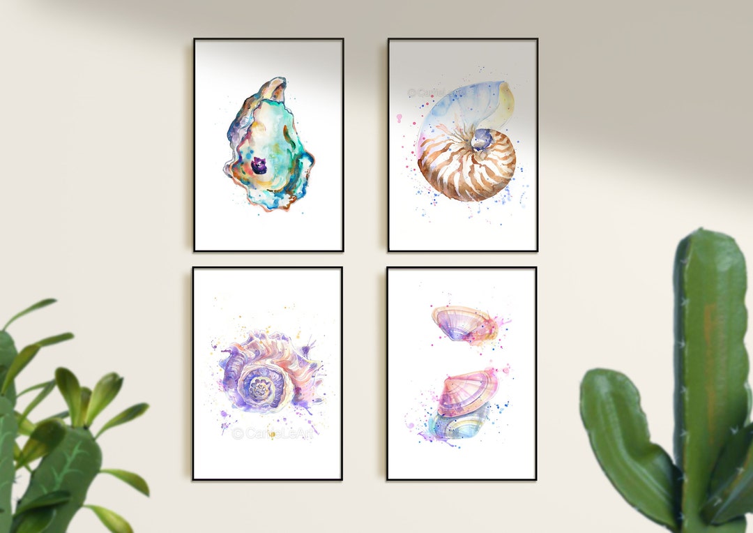 Seashell Prints Set of 4, Sea Shell Decor, Nautical Art, Coastal Decor ...
