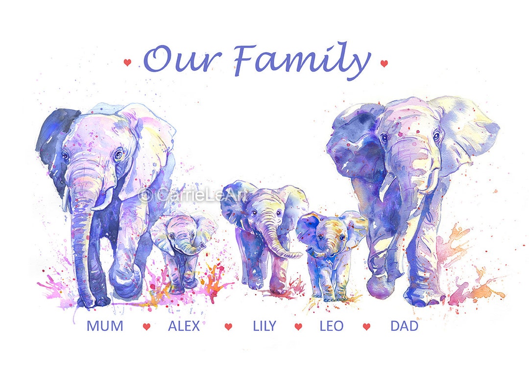 Personalised Watercolour Elephant Family Print, Gift for Mum, Gift for ...