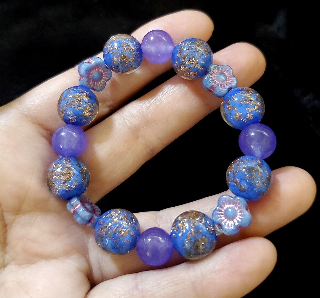 Cobalt Blue and Purple Boho Stretch Bracelet. Pretty Flowers and Blue ...