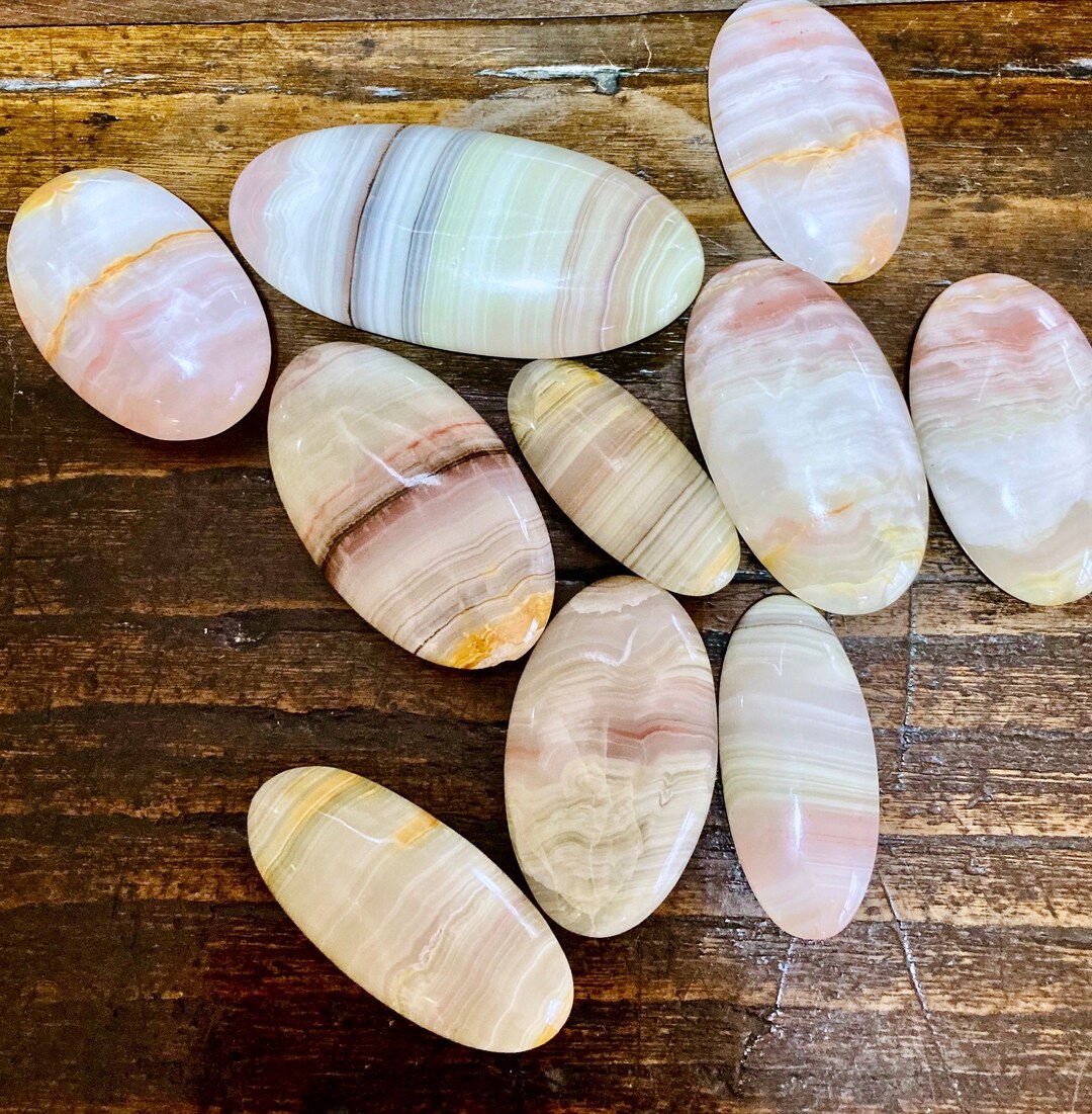 Polished Banded Pink Calcite Palm Stone, Pakistan Pink Banded Onyx ...