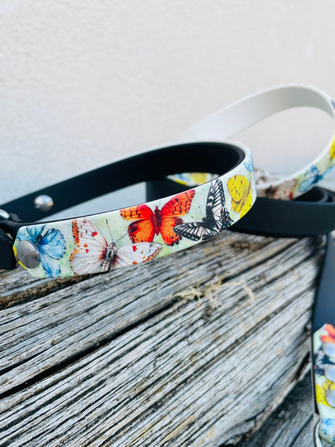 Collar and Leash Set in Plain Biothane and Printed Biothane Butterfly ...