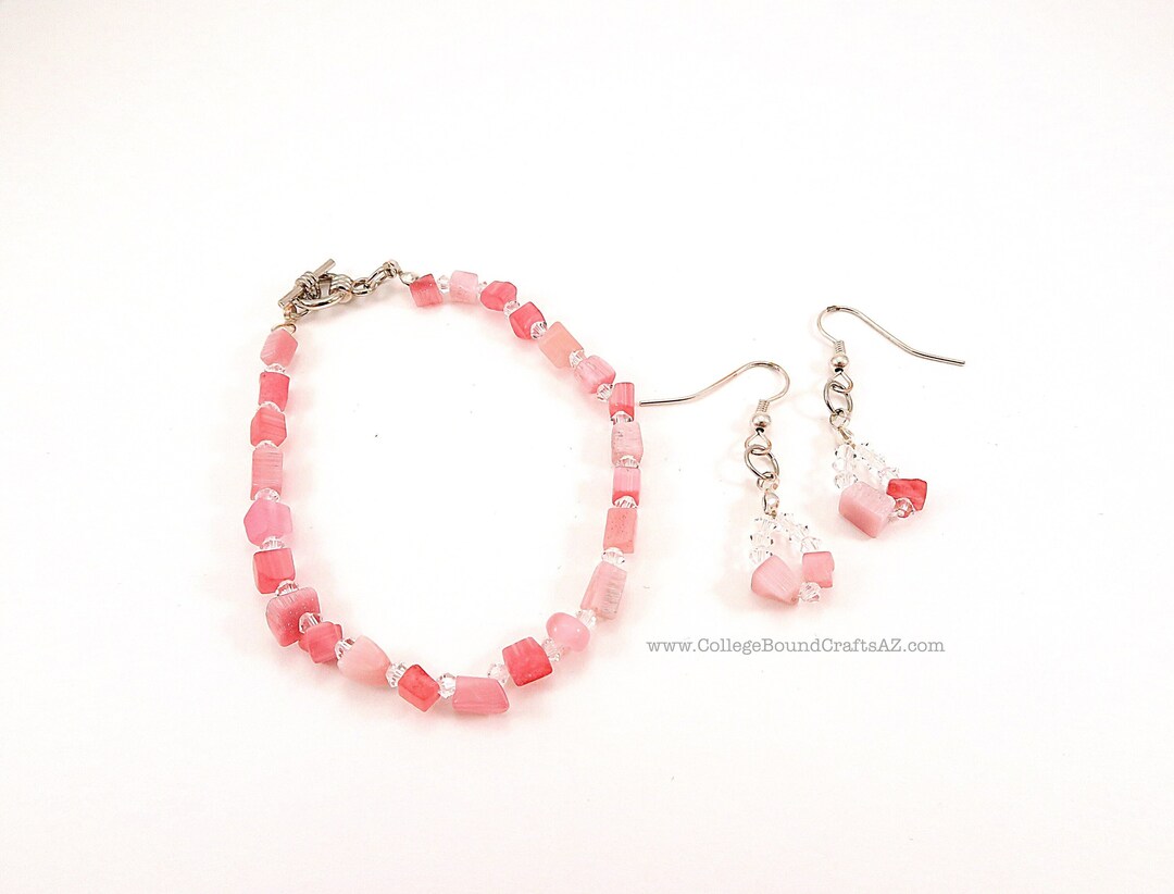 Sweet Pink Shell & Sparkly Tiny Crystal Bracelet and Earrings - Etsy