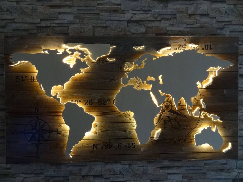 World Map Made of Wood LED Lighting 3D Effect - Etsy UK