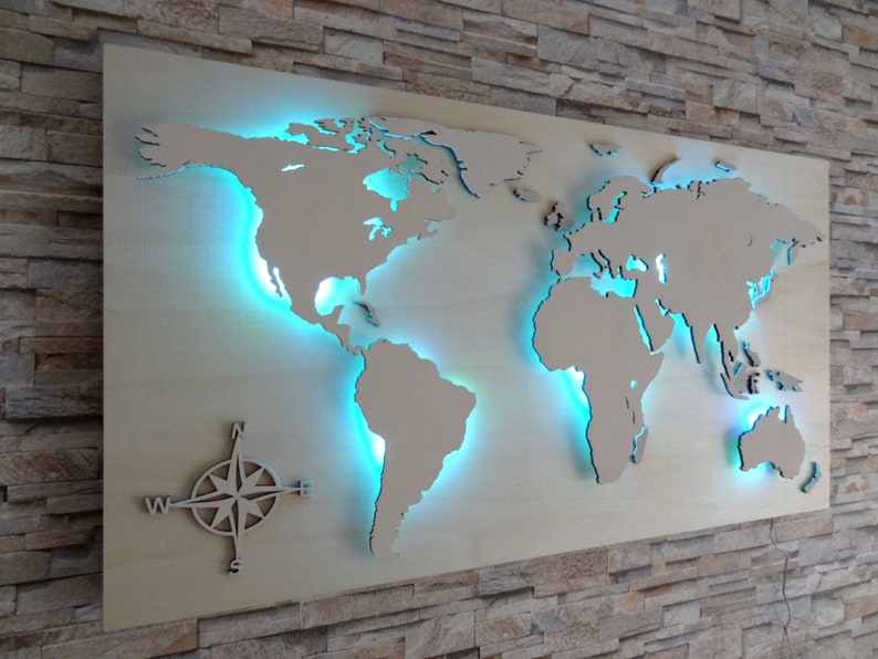 Mapa del mundo de madera con iluminación LED y decoración "ESTRELLA ...