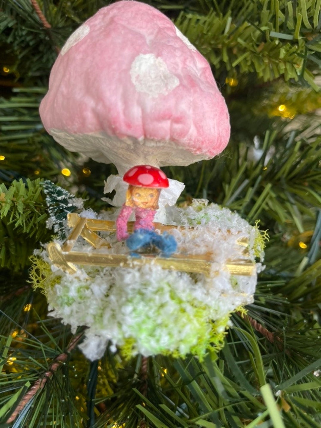Spun Cotton Pink Toadstool Mushroom Ornament With Elf on Dresden Sled ...