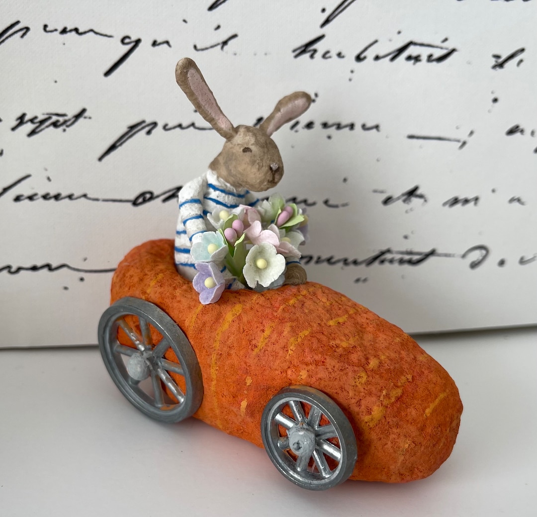 Bunny Driving Carrot Car Spun Cotton Figure - Etsy