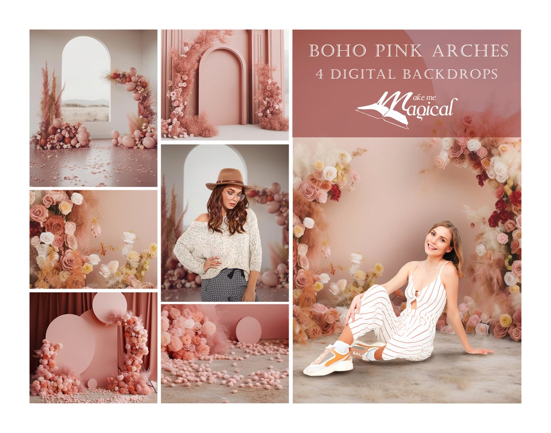 4 X Boho Pink Arches Photoshoot Digital Backdrop, Balloon Arch Digital ...