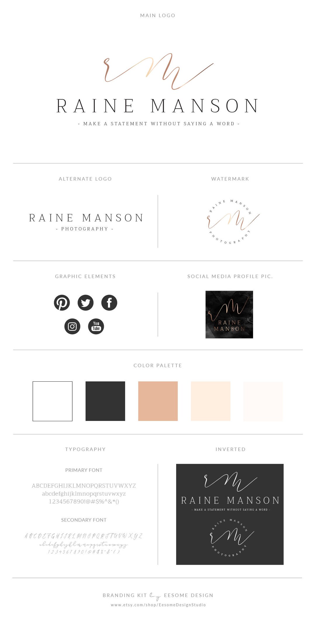 Premade Logo Design, Beauty Logo. Text Logo, Watercolor Rose Gold Logo ...