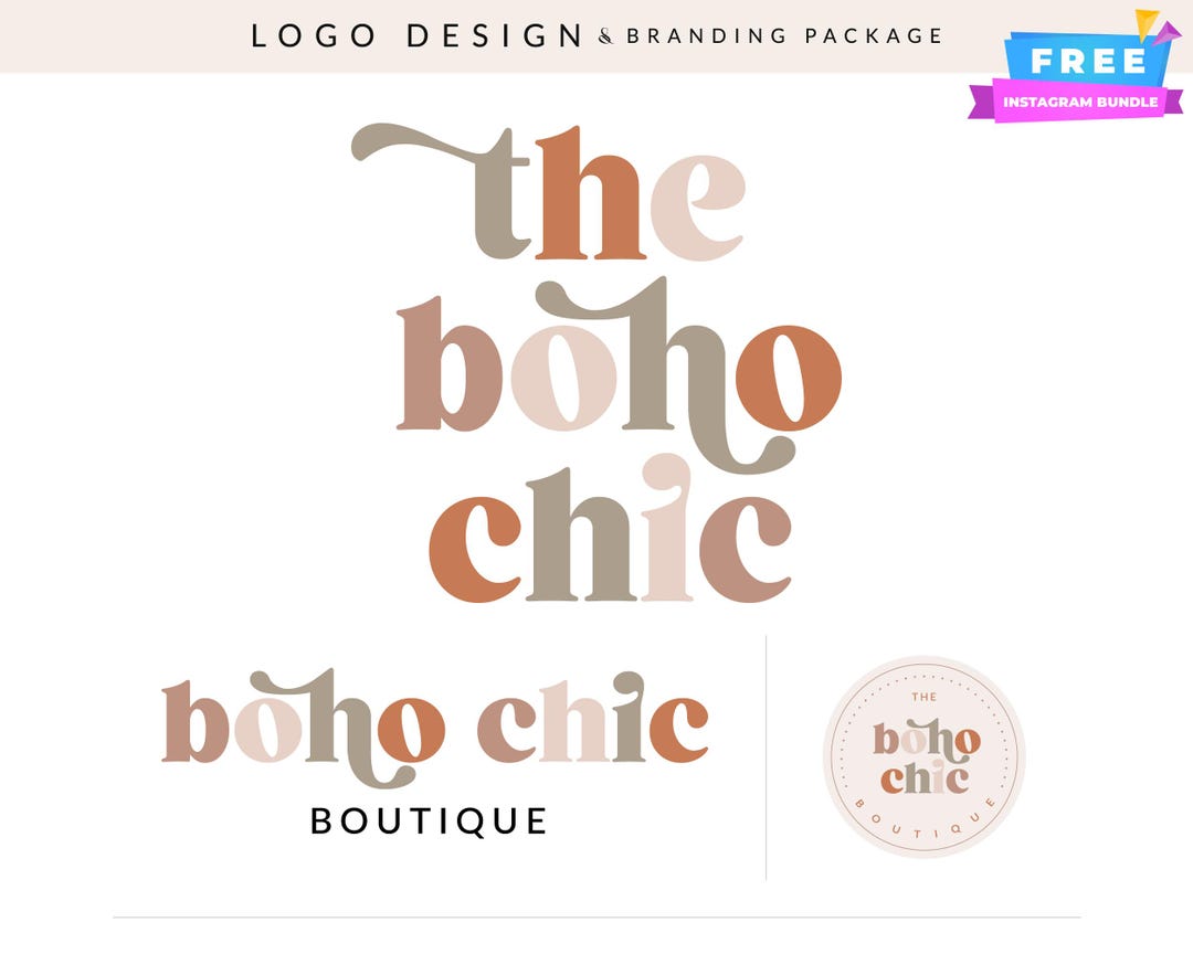 Custom Branding, Bohemian Branding Kit, Boho Retro Logo, Text Logo ...