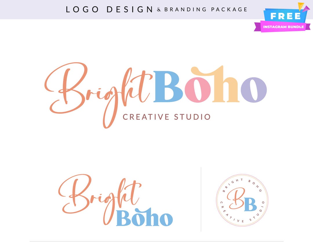 Boho Premade Logo Design and Branding Kit, Rainbow Boho, Creative ...